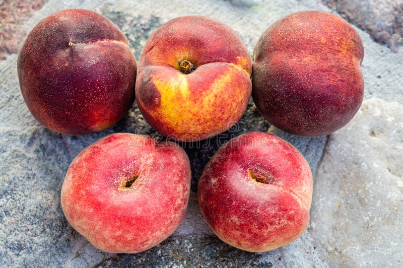 Five Peaches Close-up on a Stone Table Stock Image - Image of close ...