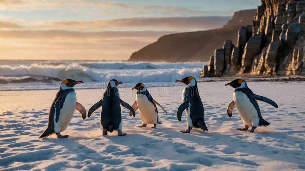 Golden Hour King Penguins Walking on Sandy Beach Stock Illustration ...