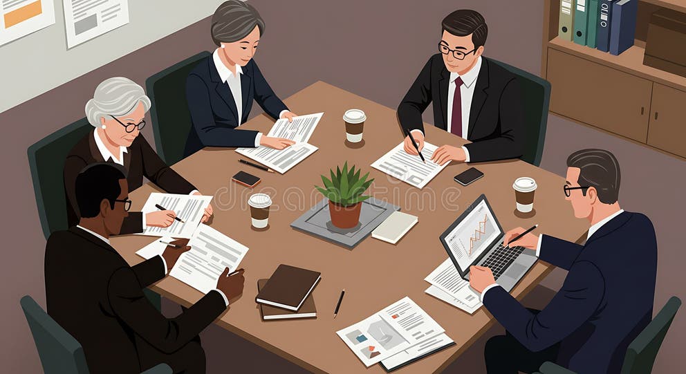 Five People, Both Men and Women, Sit Around a Rectangular Conference ...