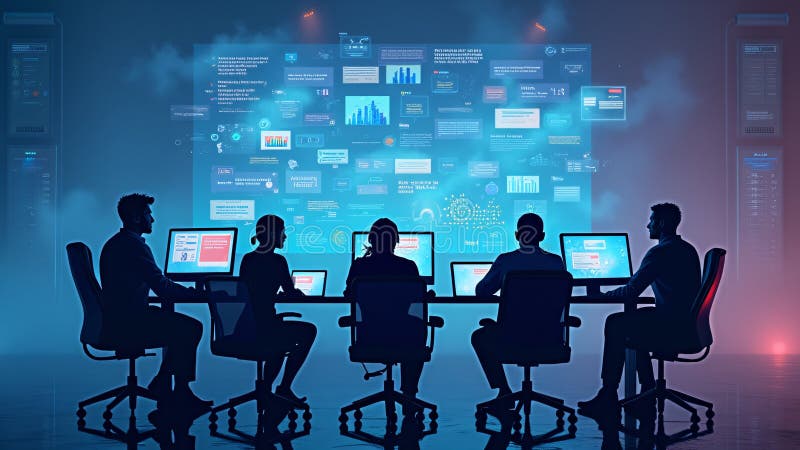 Five People at Computers Viewing Data Display Stock Illustration ...