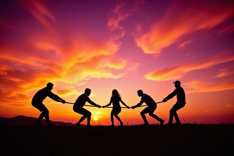 Five People Pulling Rope Together at Sunset Stock Illustration ...