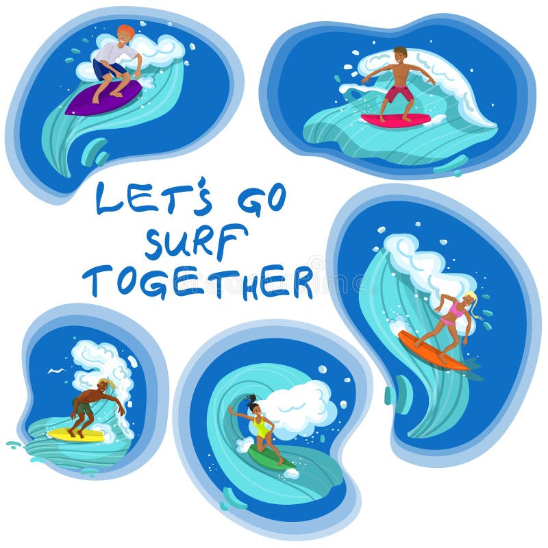 Five People Surfing on a Wave Vector Image Stock Illustration ...