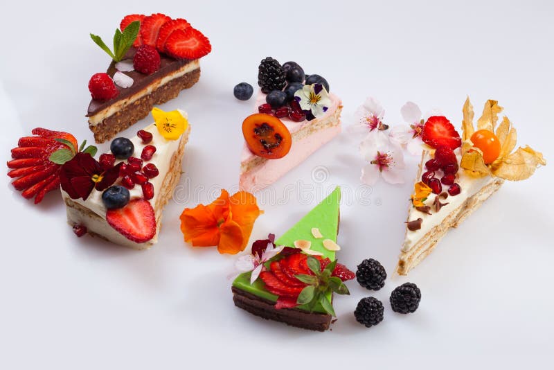 Five Pieces of Cake Arranged Stock Photo - Image of freshness, floral ...