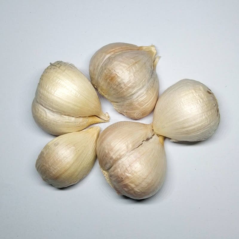 Five Pieces of Garlic on a White Background Stock Photo - Image of wood ...