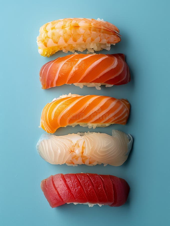 Five Pieces of Nigiri Sushi Neatly Arranged on a Blue Background Stock ...