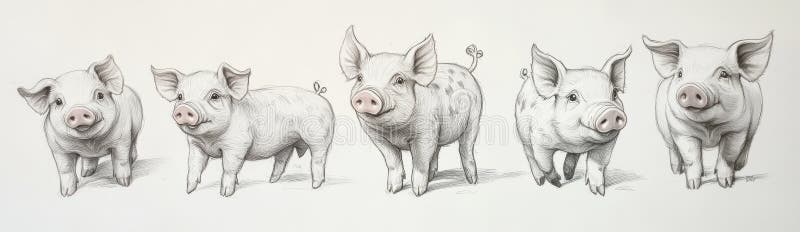 Five Monochrome Pig Illustrations in Pointillist Style Stock ...