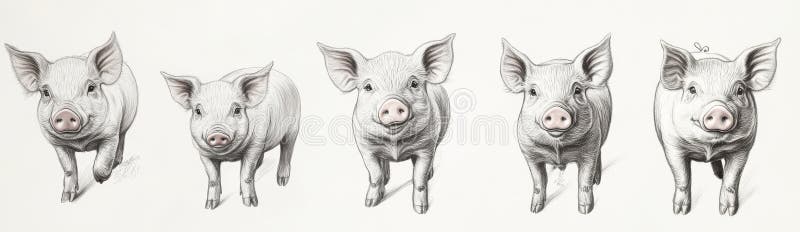 Five Grayscale Piglet Portraits on White Background Stock Illustration ...