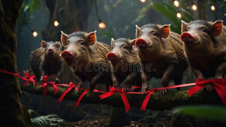 Adorable Baby Pigs Walking on a Branch with Red Ribbons Stock ...