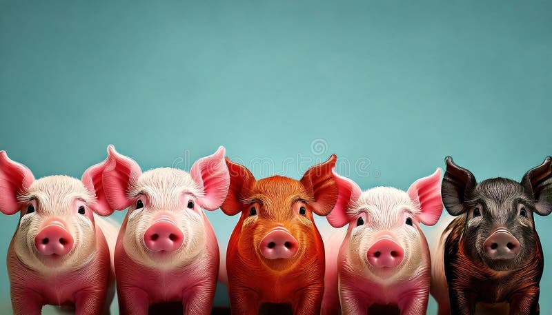 Colorful Pigs Standing in a Row Against a Solid Background in a Playful ...