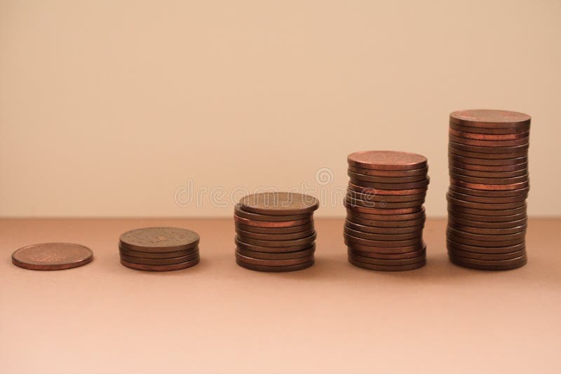 Five Piles of Coins, Ascending in Size Stock Photo - Image of market ...