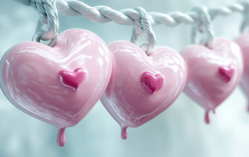 Five Pink Hearts Dangle from a Rope, Each Adorned with Charming Painted ...