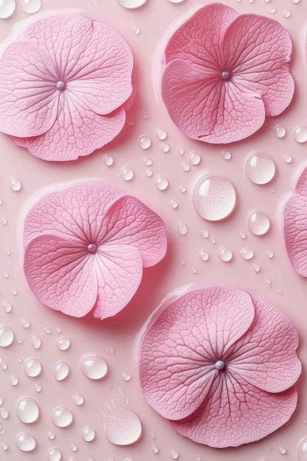 Five Pink Primrose Flowers and Water Drops on Pink Background, Floral ...
