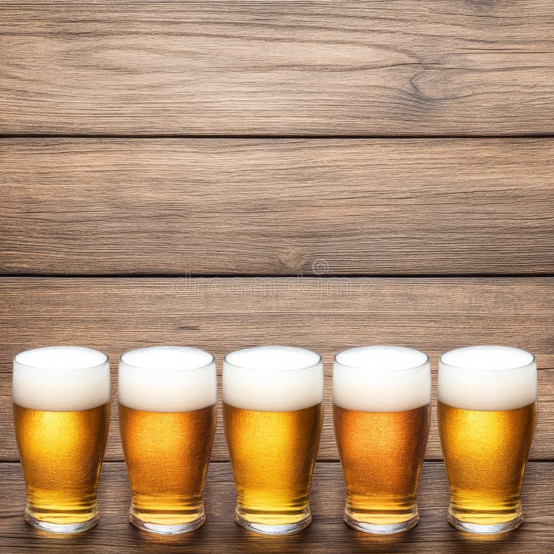 Five Pints of Beer on Wooden Surface a Lineup of Five Pints of Beer ...