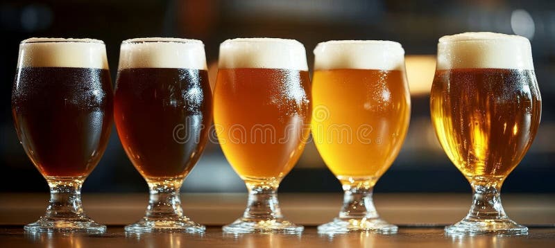 Five Pints of Freshly Poured Craft Beer on a Polished Bar Surface with ...