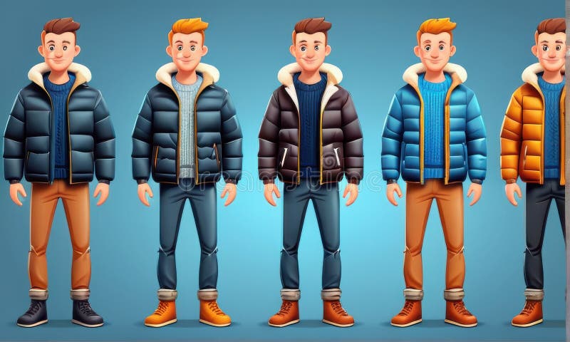 Five Pixel Art Illustrations of a Young Man in Various Winter Jackets ...