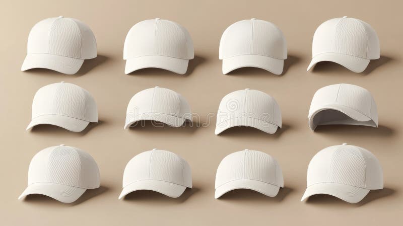 Five Plain White Baseball Caps Exhibited in Multiple Perspectives Stock ...
