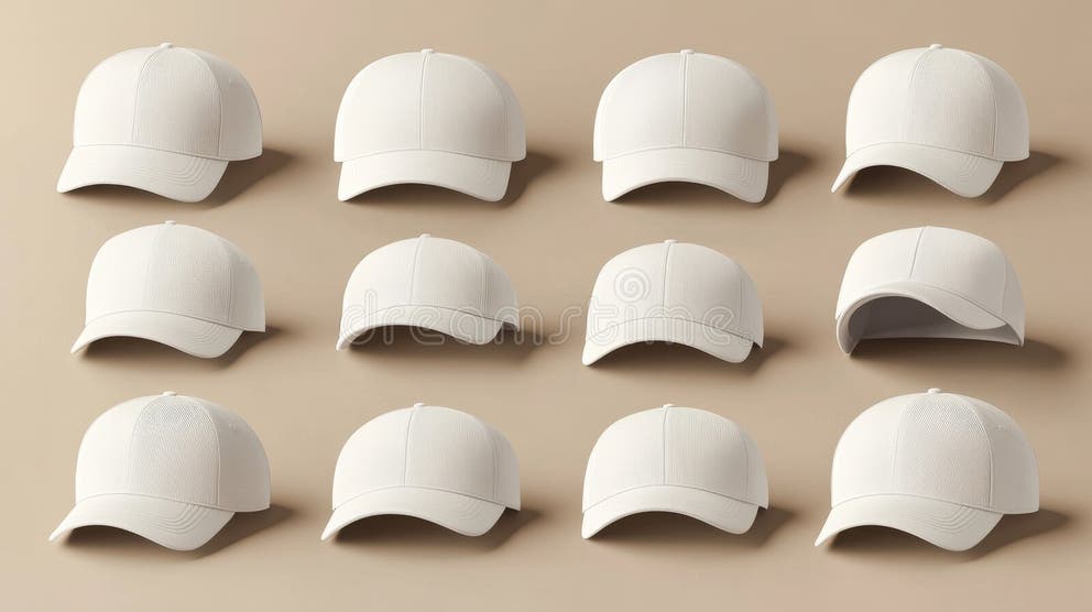 Five Plain White Baseball Caps Exhibited in Multiple Perspectives Stock ...