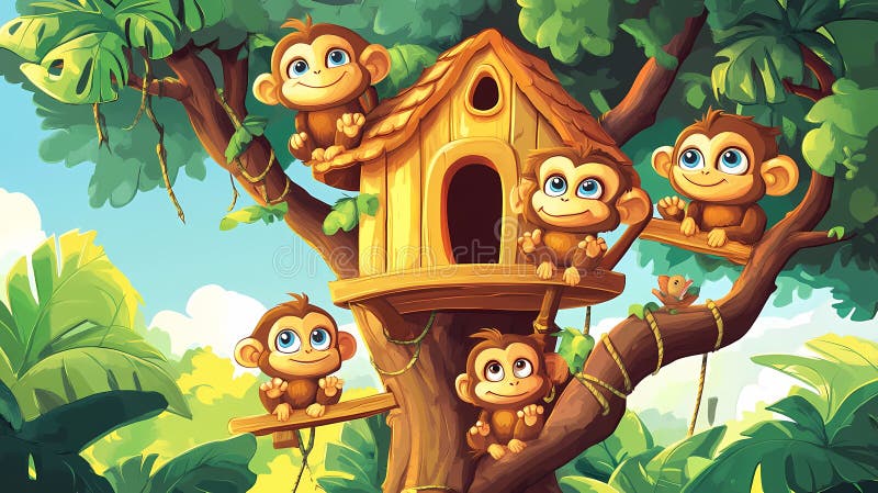 Five Playful Monkeys Around a Treehouse in a Vibrant Jungle Setting ...