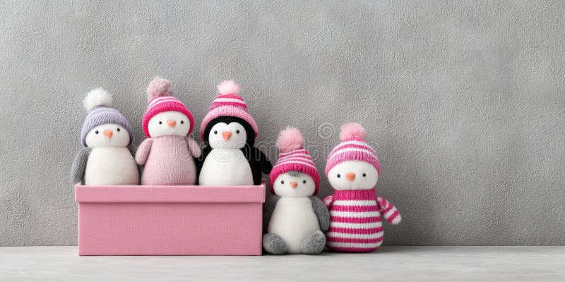 Five Plush Penguin Toys Arranged Inside a Bright Pink Box on a White ...