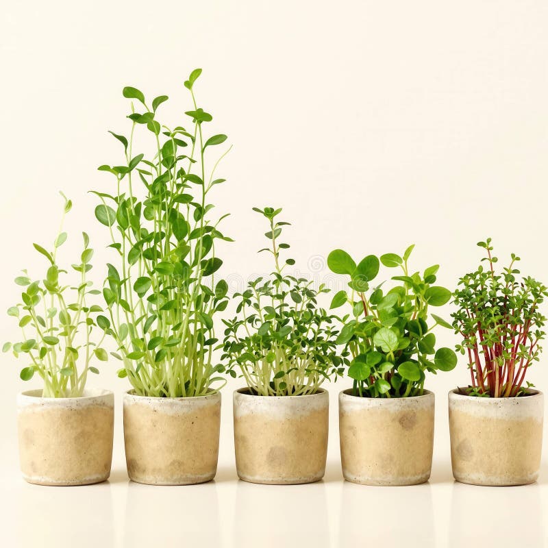 Five Potted Plants are Lined Up on a White Table Stock Illustration ...