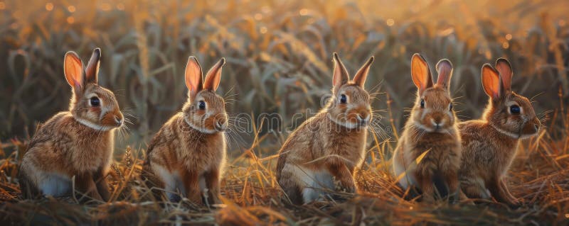 Five Rabbits Sitting in a Field at Sunset, Nature and Wildlife Concept ...