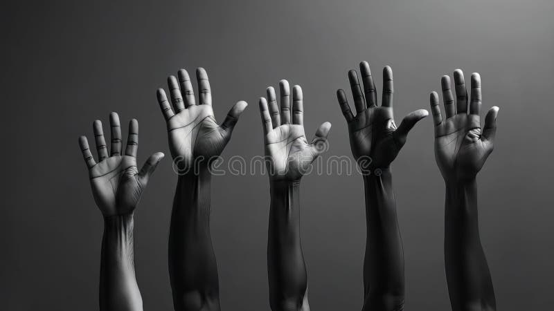 Five Raised Hands in Monochrome, Unity and Diversity Concept Stock ...