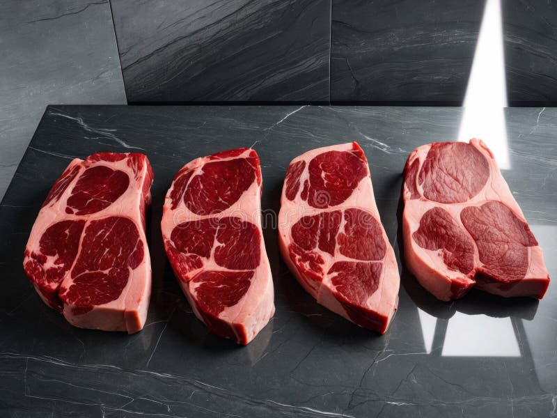 Five Raw Beef Steaks Lying on a Black Marble Surface are Ready To Be ...