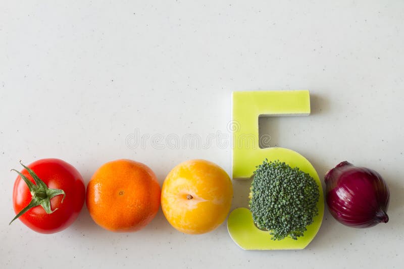 5 Five a Day Portion Size with Fresh Fruits and Vegetables Healthy Diet ...