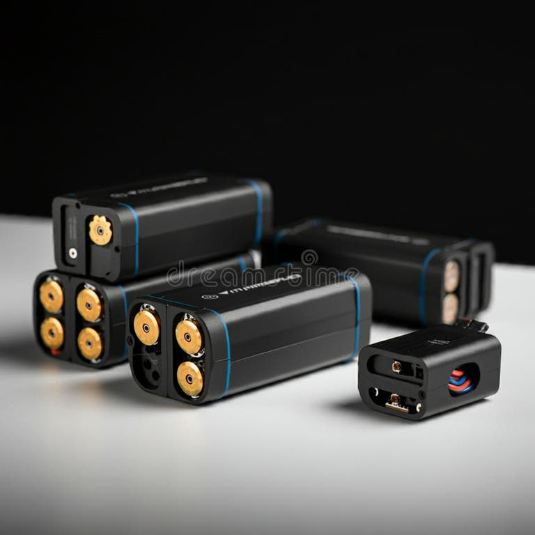 Five Rectangular Black Battery Packs with Blue Accents are Arranged on ...