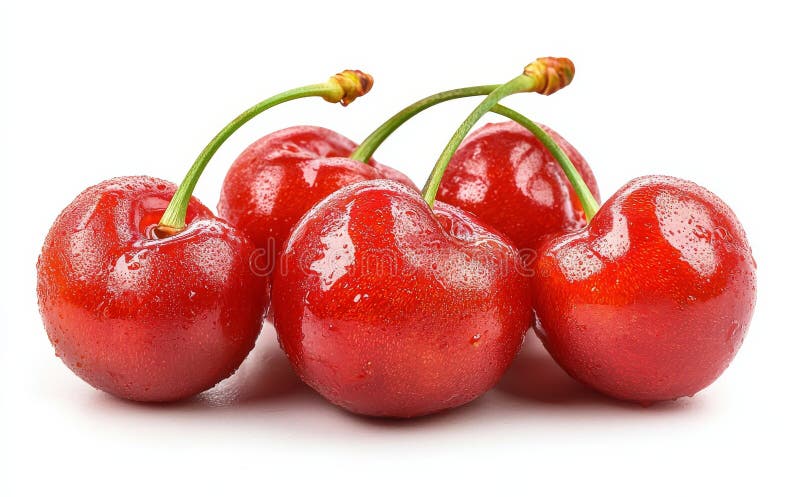 Five Red Cherries Composition, Close-up, Isolated on White Background ...