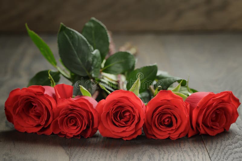 Five Red Roses on Old Oak Table Stock Image - Image of beautiful, green ...
