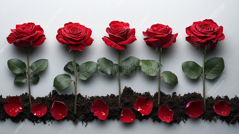 Five Red Roses in a Row, Planted in Soil with Scattered Petals Stock ...