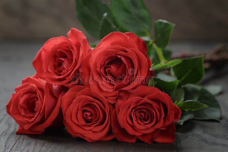 Five Red Roses on Wooden Table Stock Photo - Image of interior, five ...