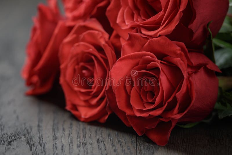 Five Red Roses on Wooden Table Stock Image - Image of card, birthday ...