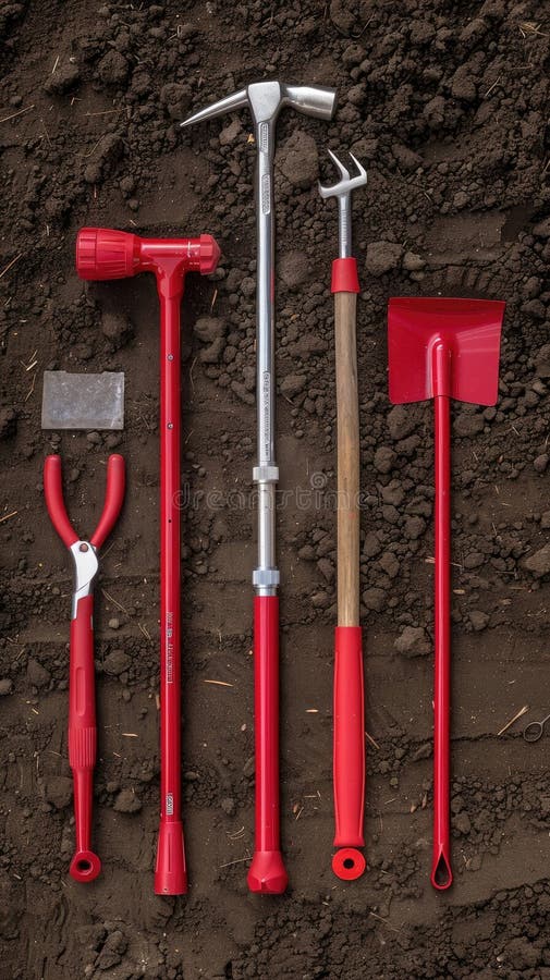 Five Red and Silver Tools, Including a Hammer, a Scoop, and a Set of ...