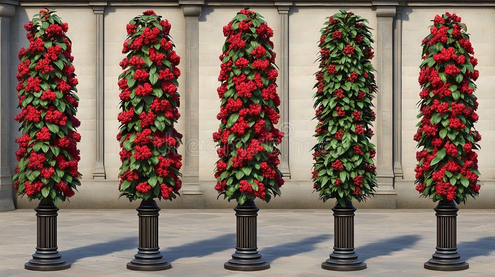 Five Red Topiaries in a Formal Setting Stock Illustration ...