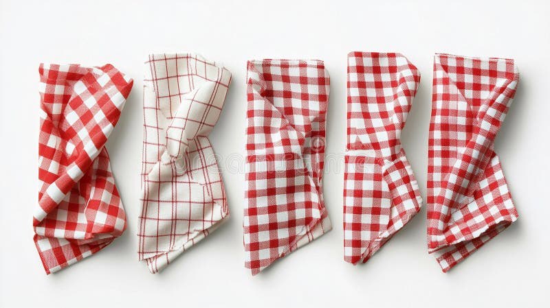 Five Folded Red and White Checkered Napkins on a White Background Stock ...