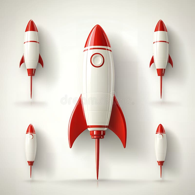 Five Red and White Rockets on a White Background Stock Illustration ...