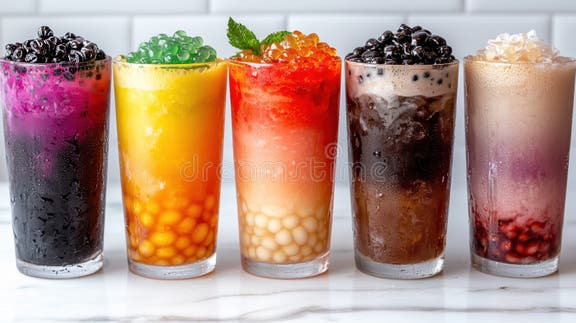Five Refreshing Bubble Tea Drinks with Various Toppings Stock ...