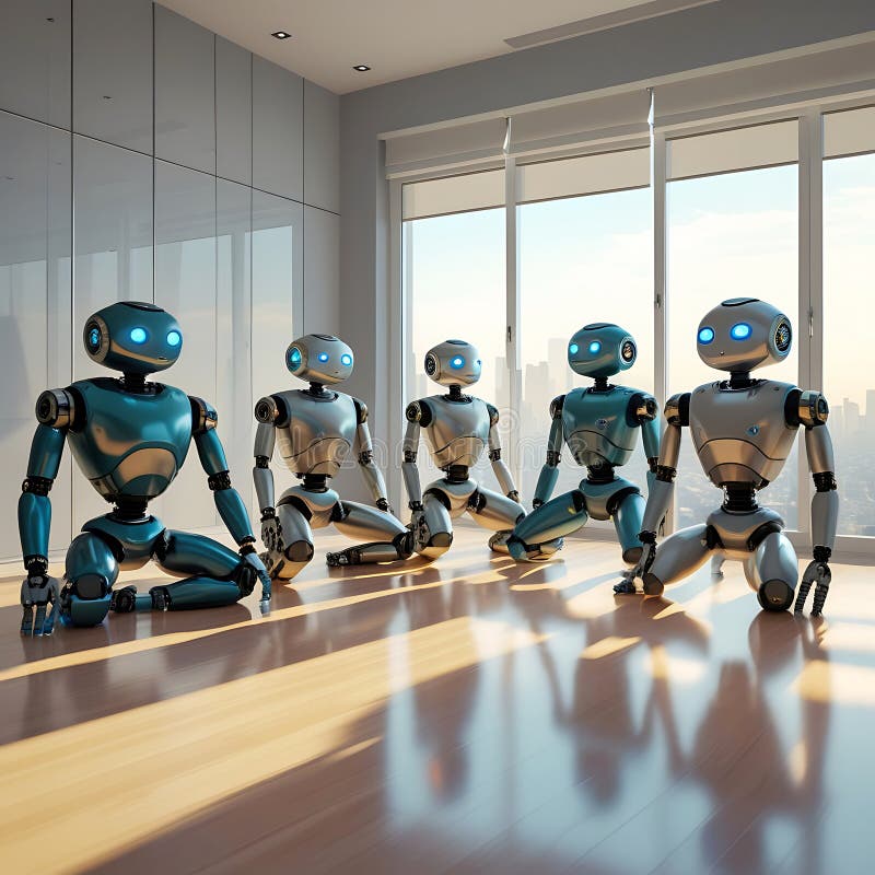 Five Robots with Blue Eyes in Various Colors Sit on a Wooden Floor by ...