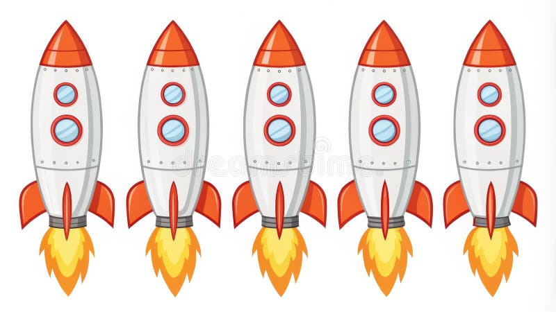 Five Rockets Launching Front View, Cartoon Style, Space Exploration ...