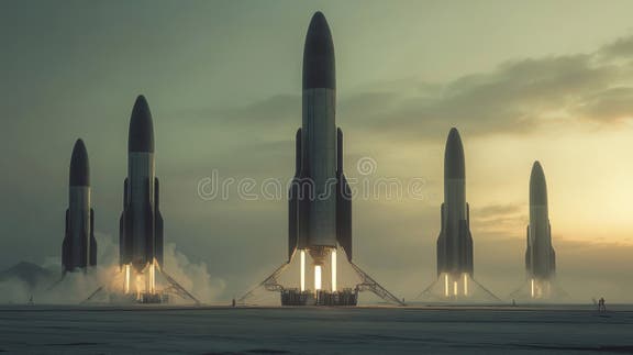 Five Rockets Launching at Sunrise in a Vast Desert Stock Illustration ...