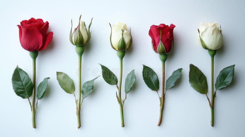 Five Roses Arranged in a Row Red and White Blooms Stock Illustration ...