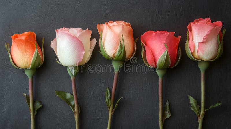 Five Roses Arranged in a Row Showing Gradient Color Stock Illustration ...