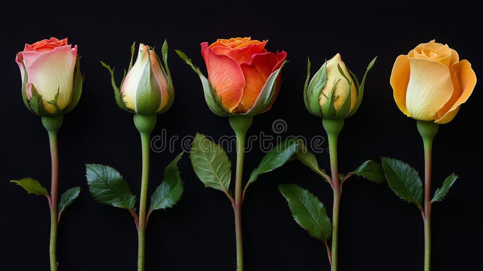 Five Roses Stages of Bloom Against Black Background Stock Illustration ...