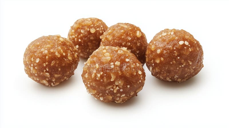 Five Round Laddu Sweets with Visible Grains on White Background Stock ...