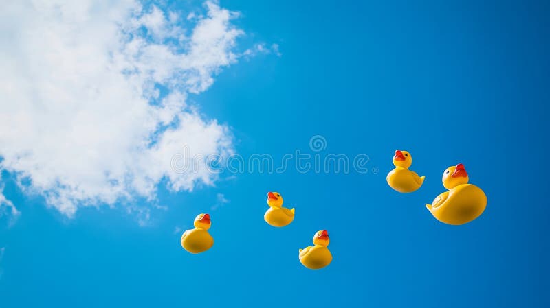 Five Rubber Ducks Flying in Blue Sky with Clouds Stock Image - Image of ...