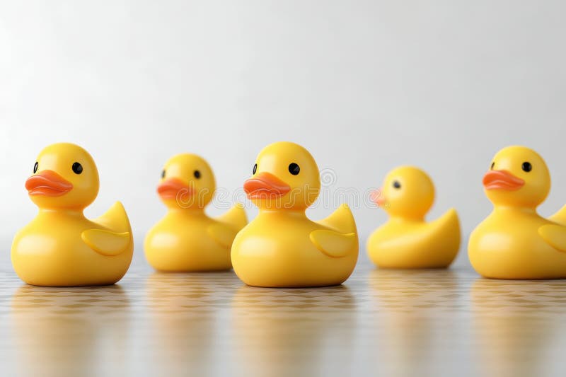 Row of Rubber Ducks Following Their Leader on Checkered Surface ...