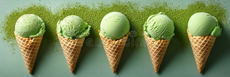 Five Scoops of Green Tea Ice Cream in Crispy Cones on Green with Matcha ...