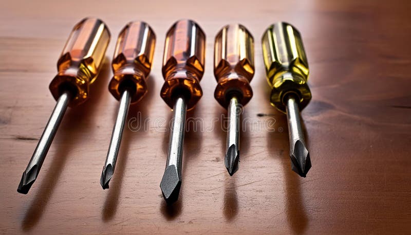 Five Screwdrivers Laying on a Wooden Surface. Generative AI Stock Photo ...